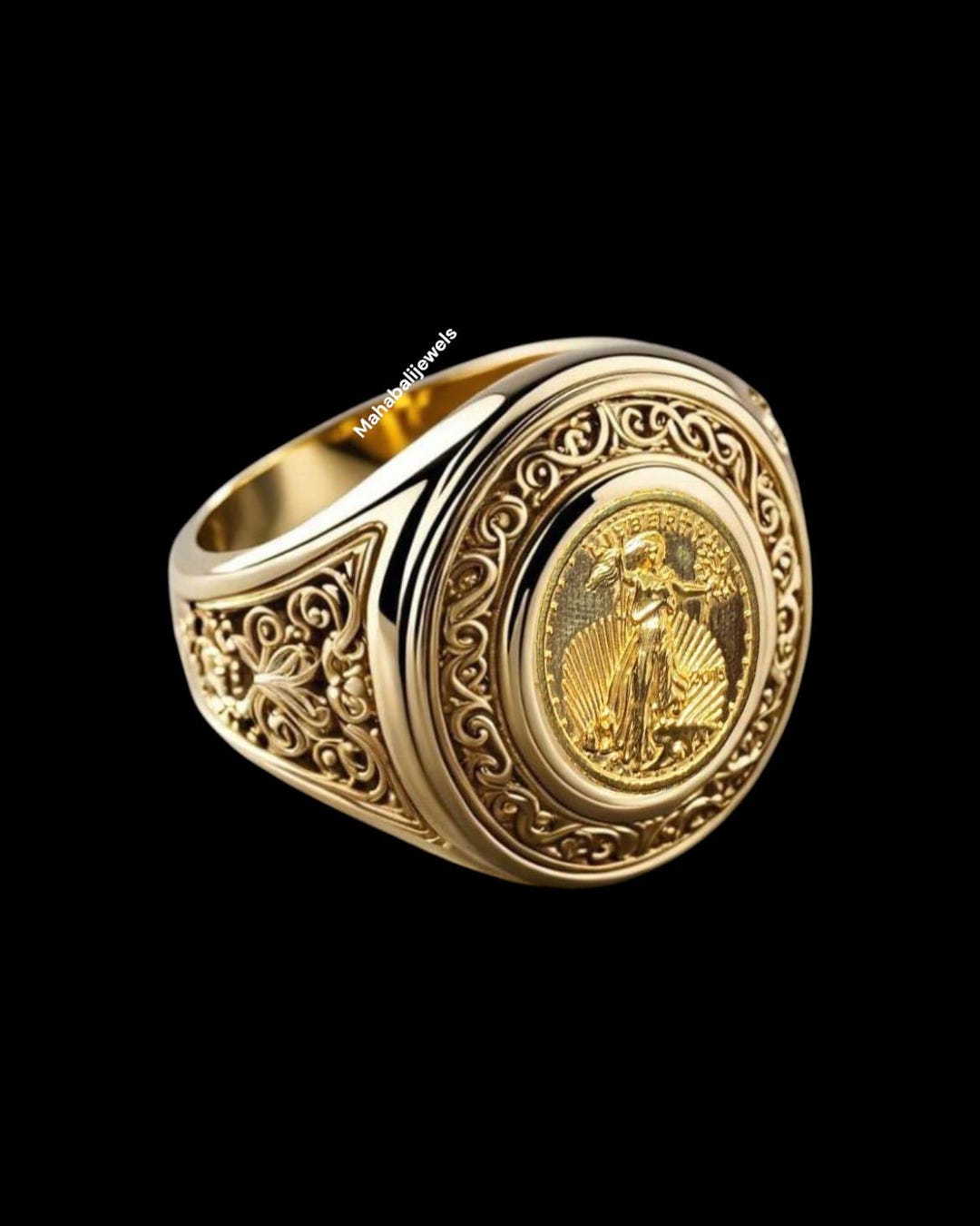 American Liberty Coin Ring: 14k Yellow Gold Plated Style Signet Vintage ...