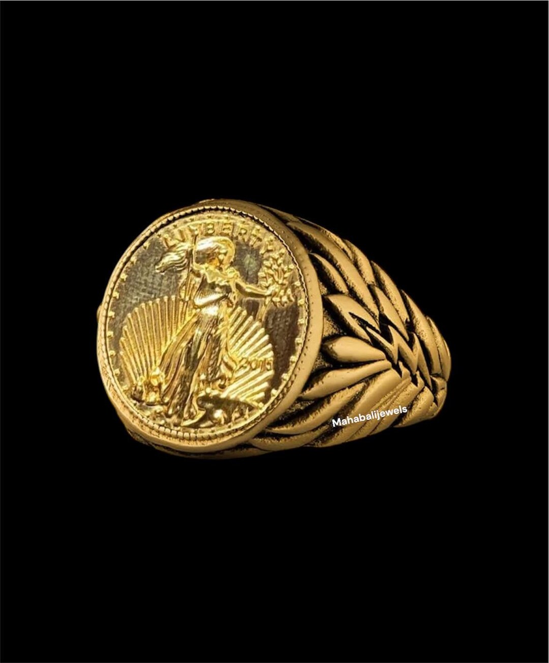 American Liberty Coin Ring: Vintage 14k Yellow Gold Plated Style Signet ...
