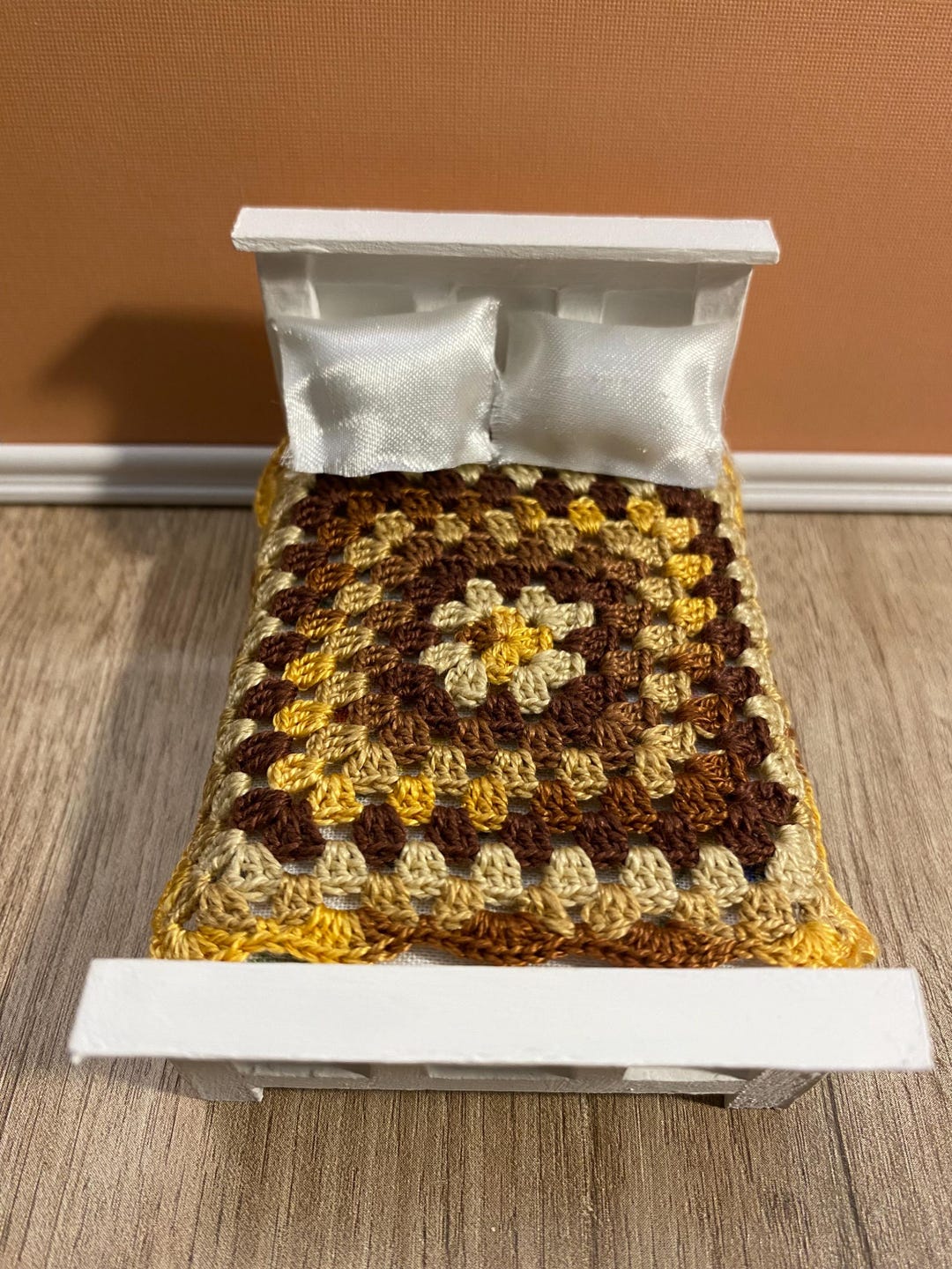 Handmade Dollhouse Miniature Blanket, Gold & Brown Crochet, 1:24 Scale ...