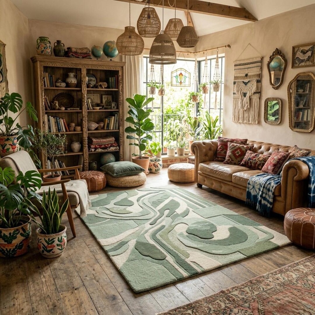 Chunky Sage Green Abstract Loop Rug - Textured Sage Cream Shag Pile ...