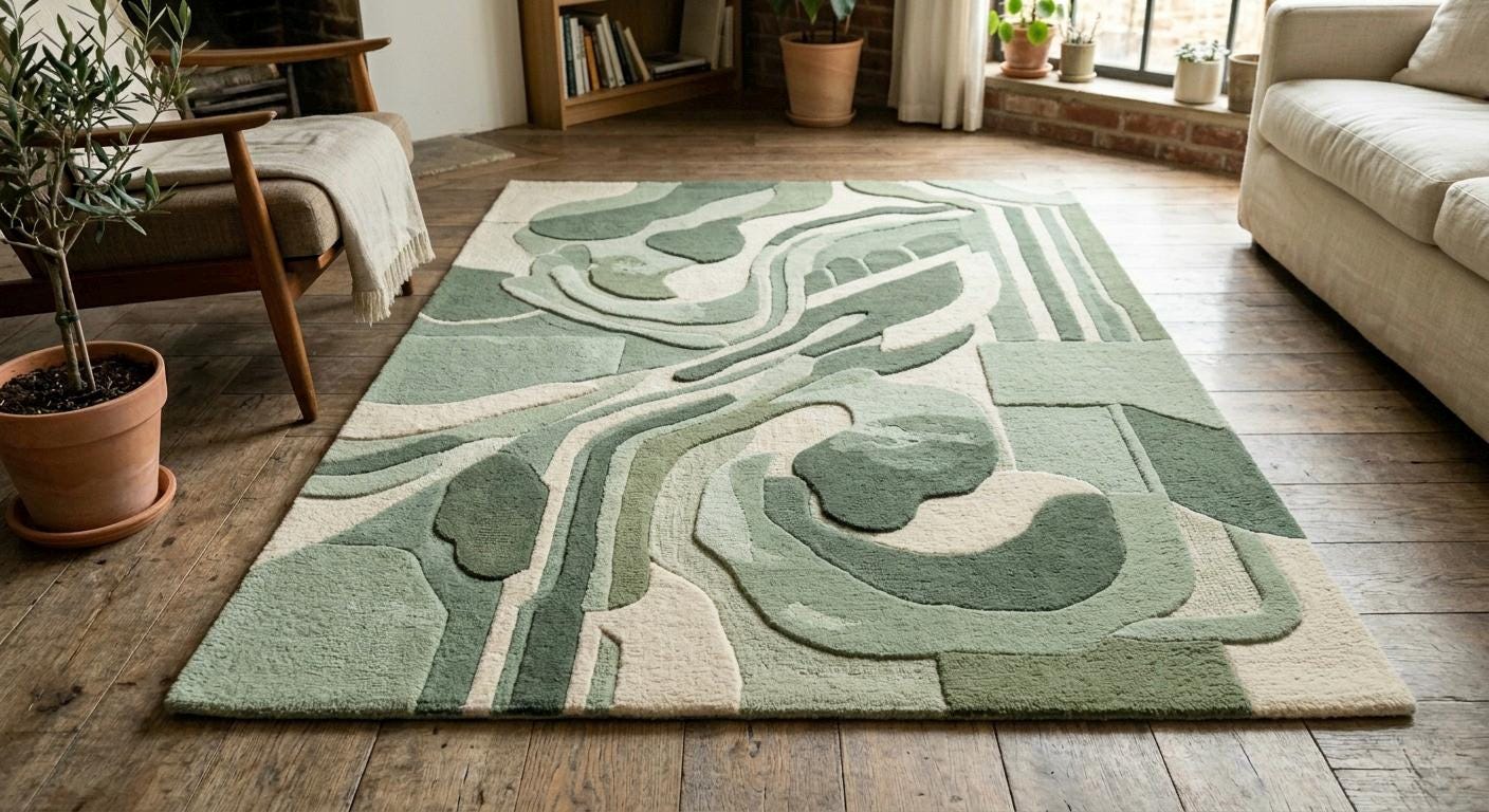 Chunky Sage Green Abstract Loop Rug - Textured Sage Cream Shag Pile ...