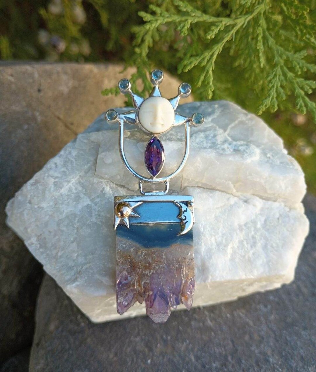 Celestial Sterling Silver Pendant, Hinged, Amethyst Crystal Slice ...