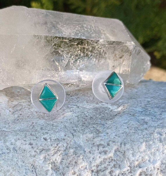 Silver Turquoise Stud Earrings, Diamond Shape, Vintag… - Gem