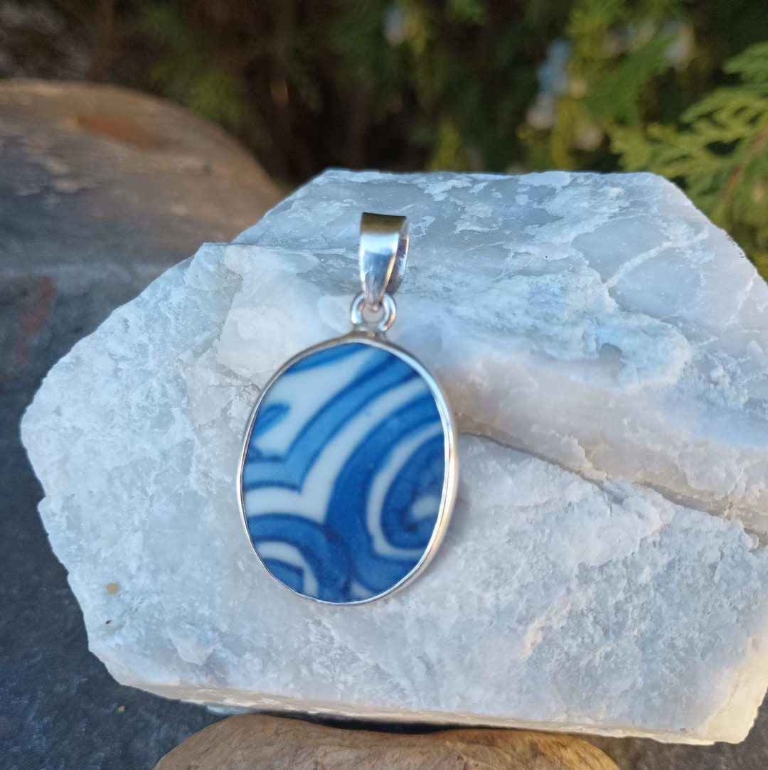 Chinese Shard Sterling Silver Pendant Vintage 925, Porcelain Blue and ...