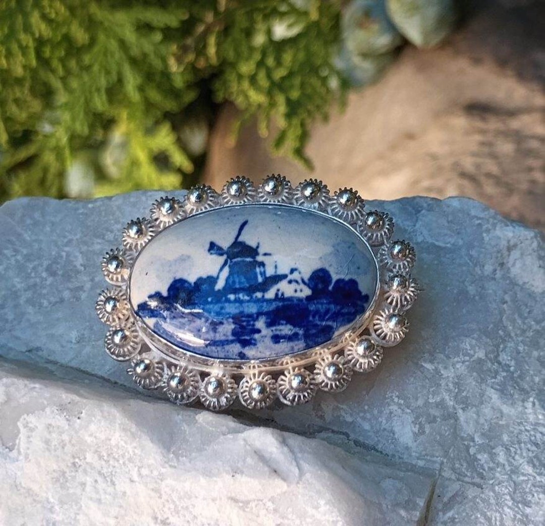 Delfts Holland 835 Silver Brooch, Hand Painted Porcelain Windmill Scene ...