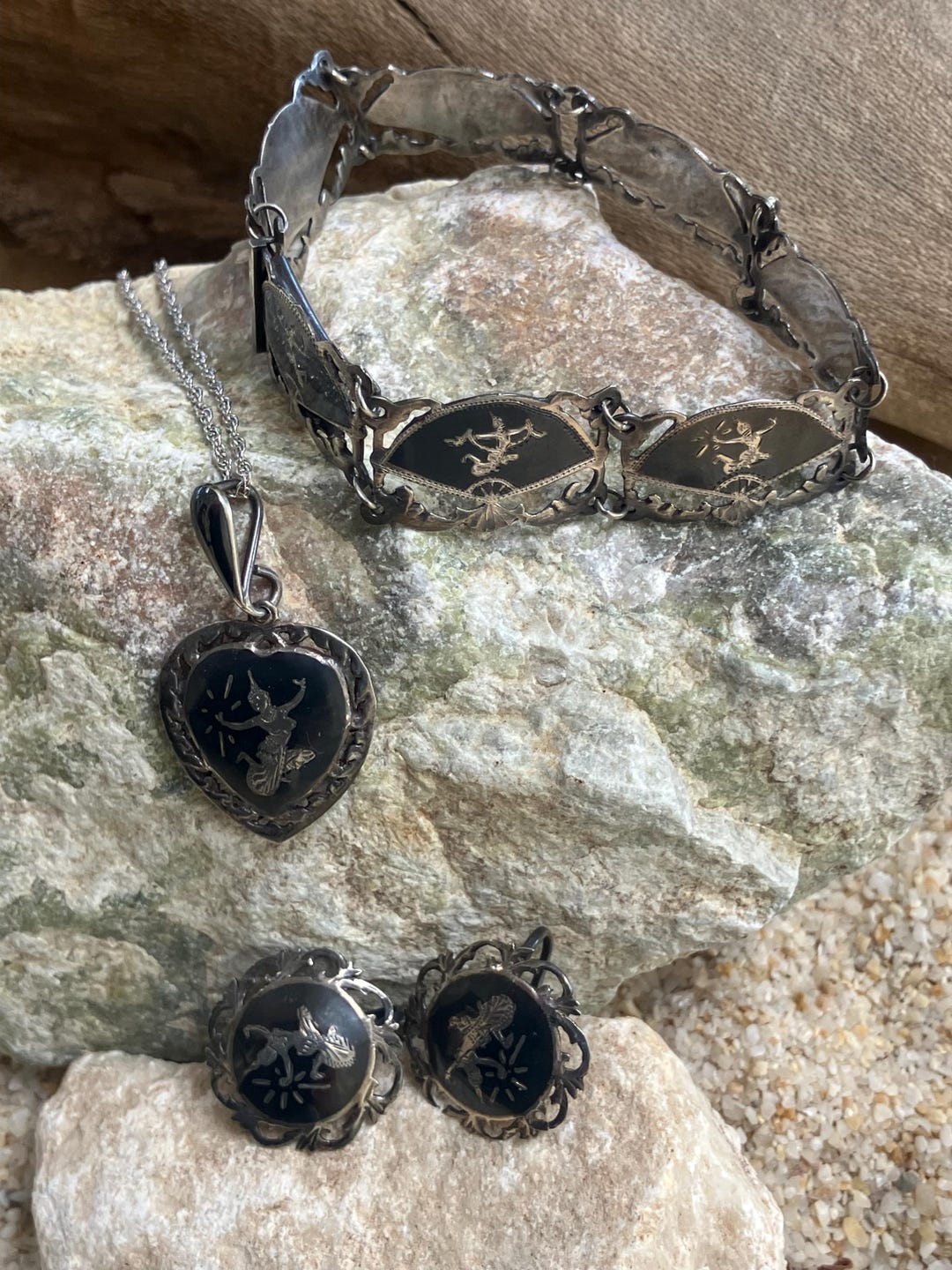 Siam Jewelry Set, Screw Back Earrings, Bracelet, Pendant With Sterling ...