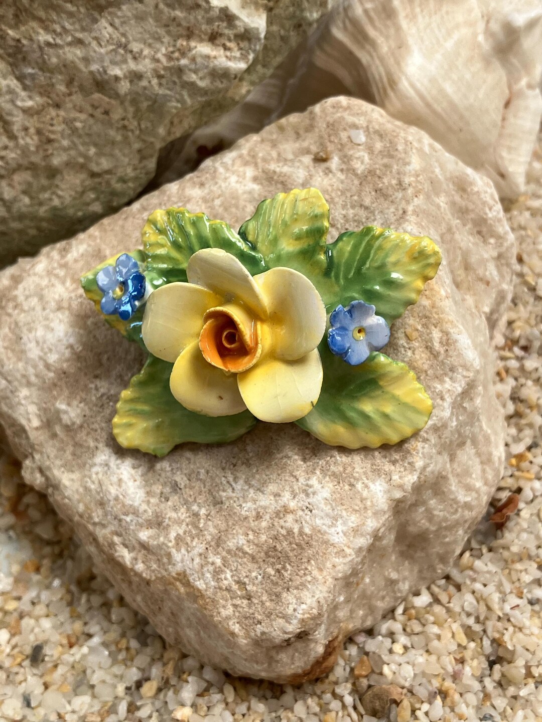 Bone China Floral Brooch, Artone Jewelry, Yellow & Blue Flower, Made in ...