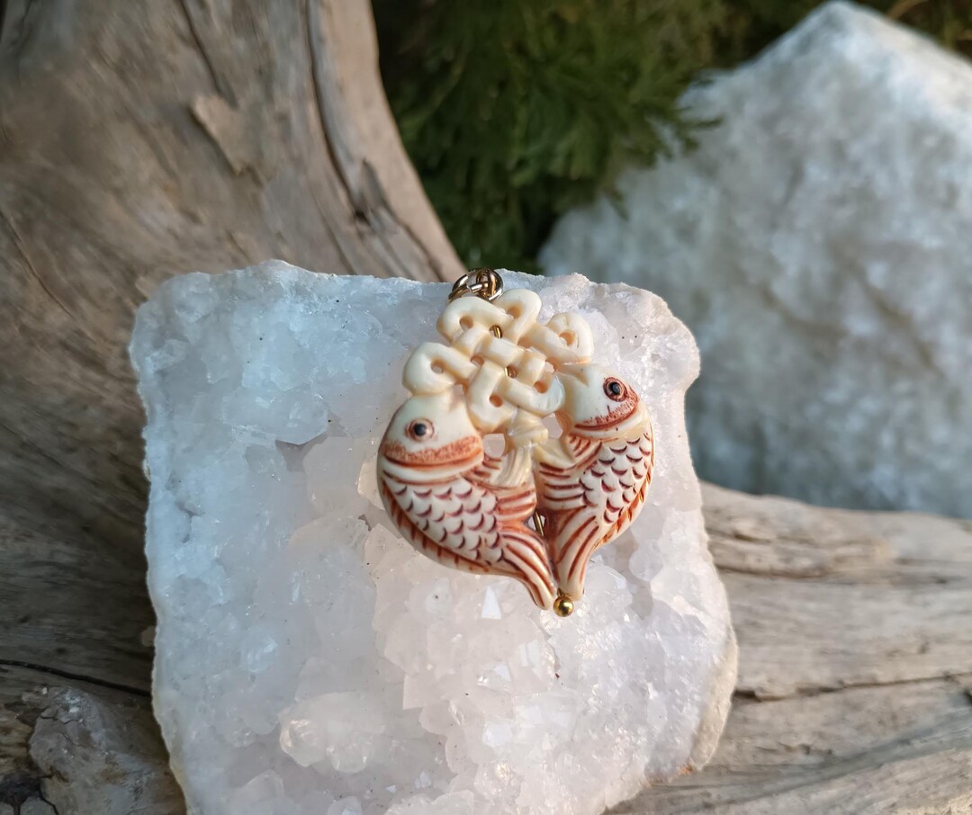 Double Fish Pendant With Knot Hand Carved Bone, Unique Jewelry, Double ...