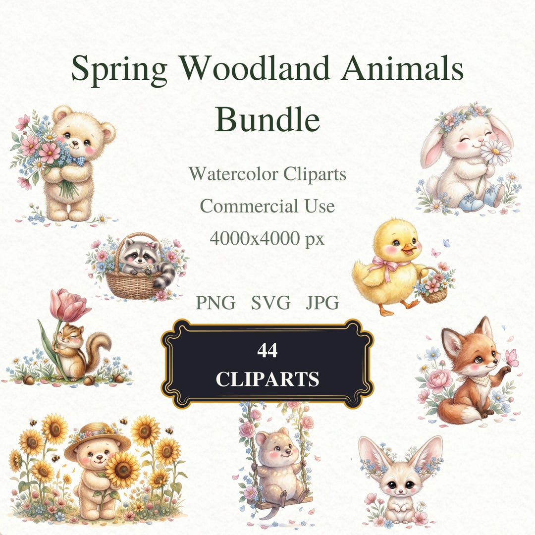 Woodland Animals Spring Clipart Bundle | 44 Watercolor Clipart Spring ...