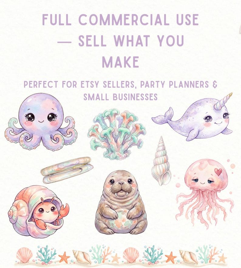 Pastel Under Sea Clipart, Cute Ocean Animals PNG, Whale Octopus Turtle ...