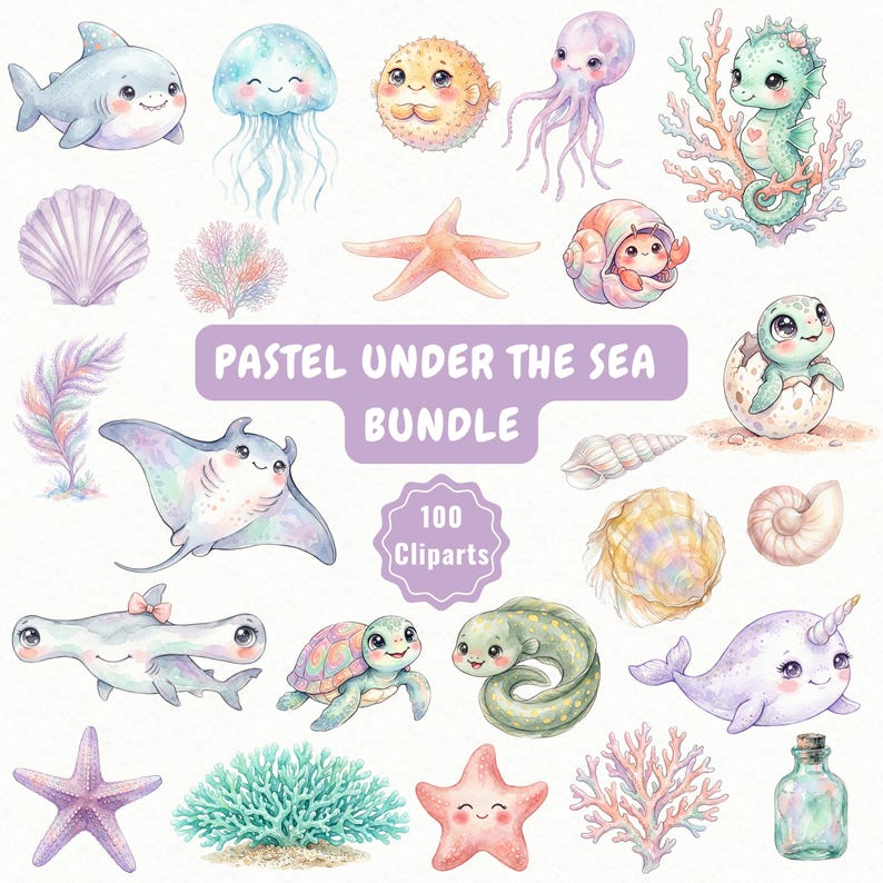 Pastel Under Sea Clipart, Cute Ocean Animals PNG, Whale Octopus Turtle ...