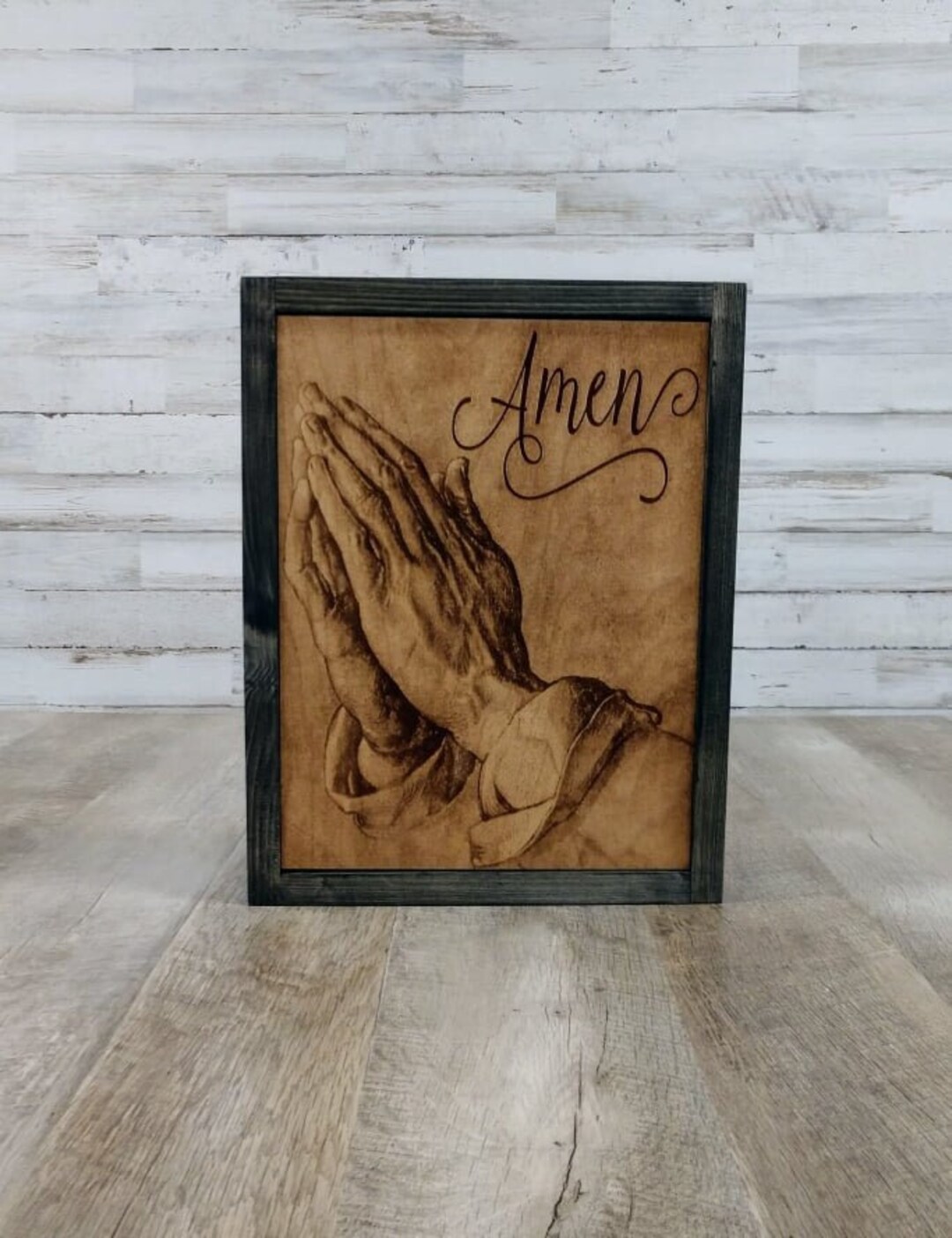 Laser Engraved Praying Hands | Amen | Framed Farmhouse Sign | Ready to ...