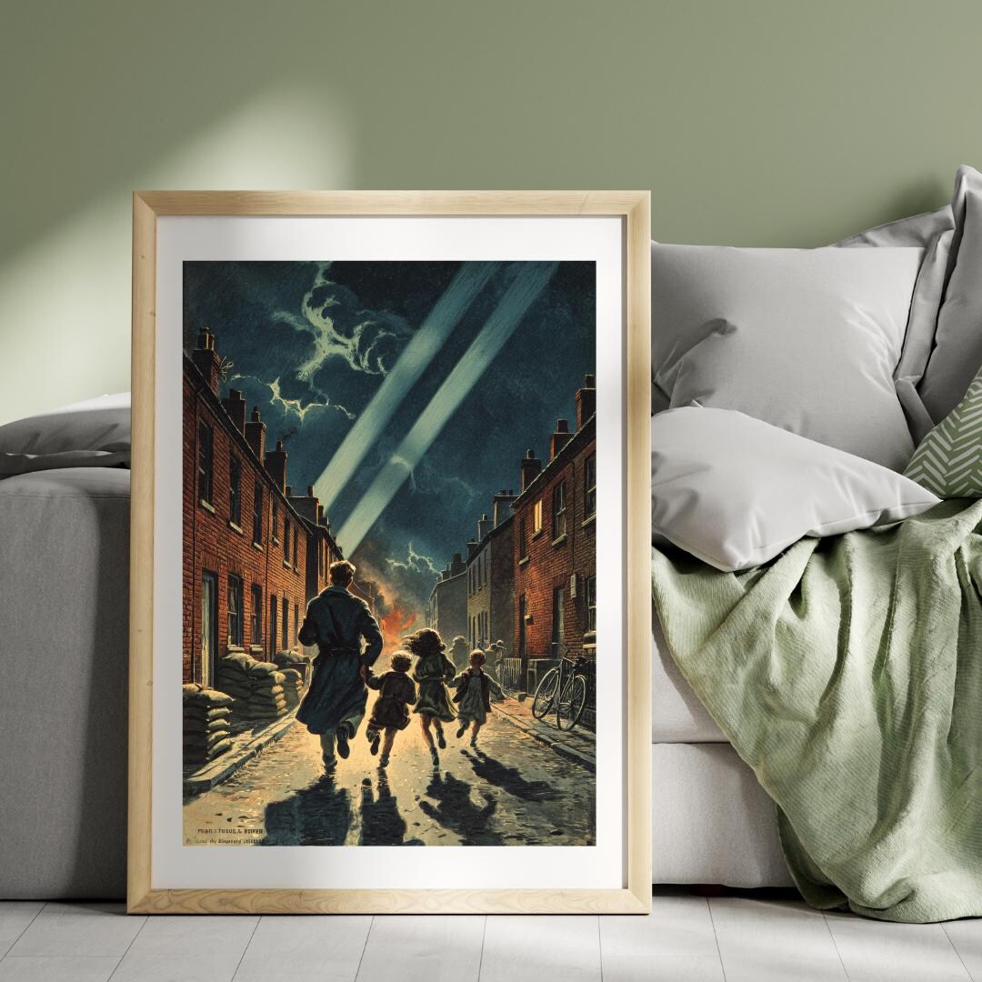 Air Raid Poster, Blitz WWII Wall Art, British Family Running to Shelter ...