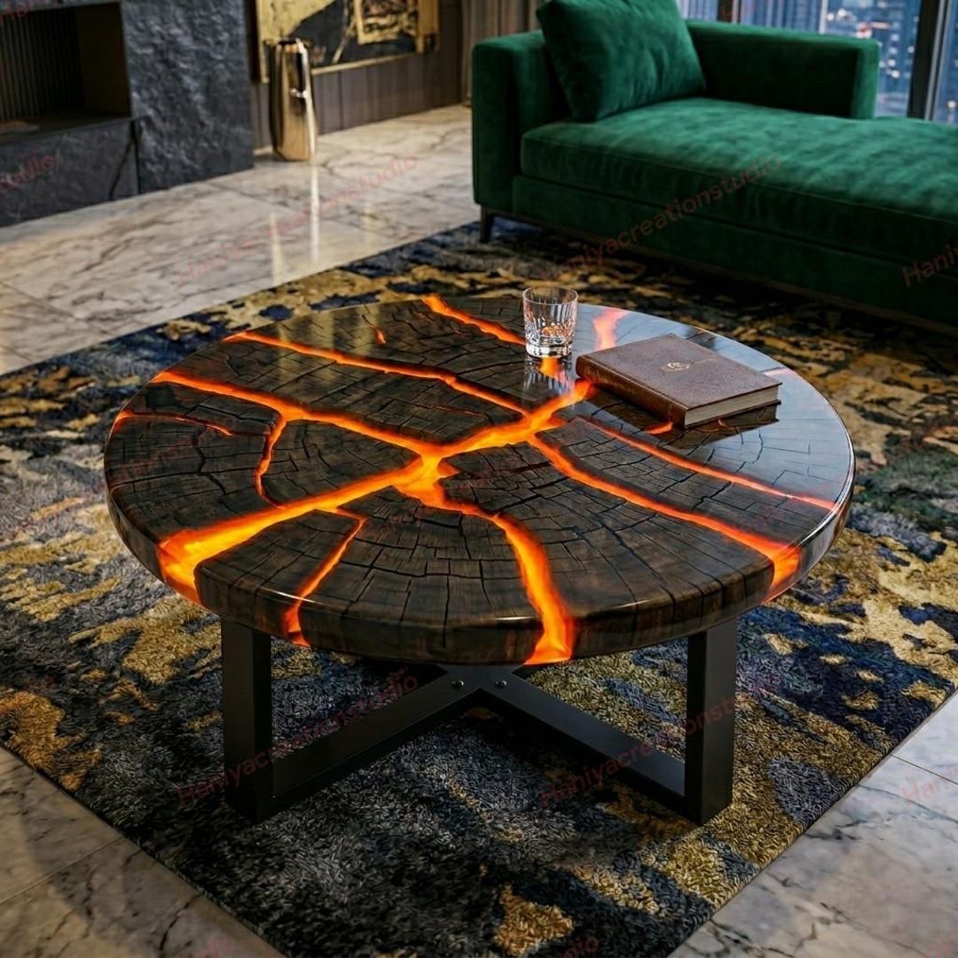 Lava Epoxy Resin Coffee Table Round, Burnt Wood Crack Design Table ...