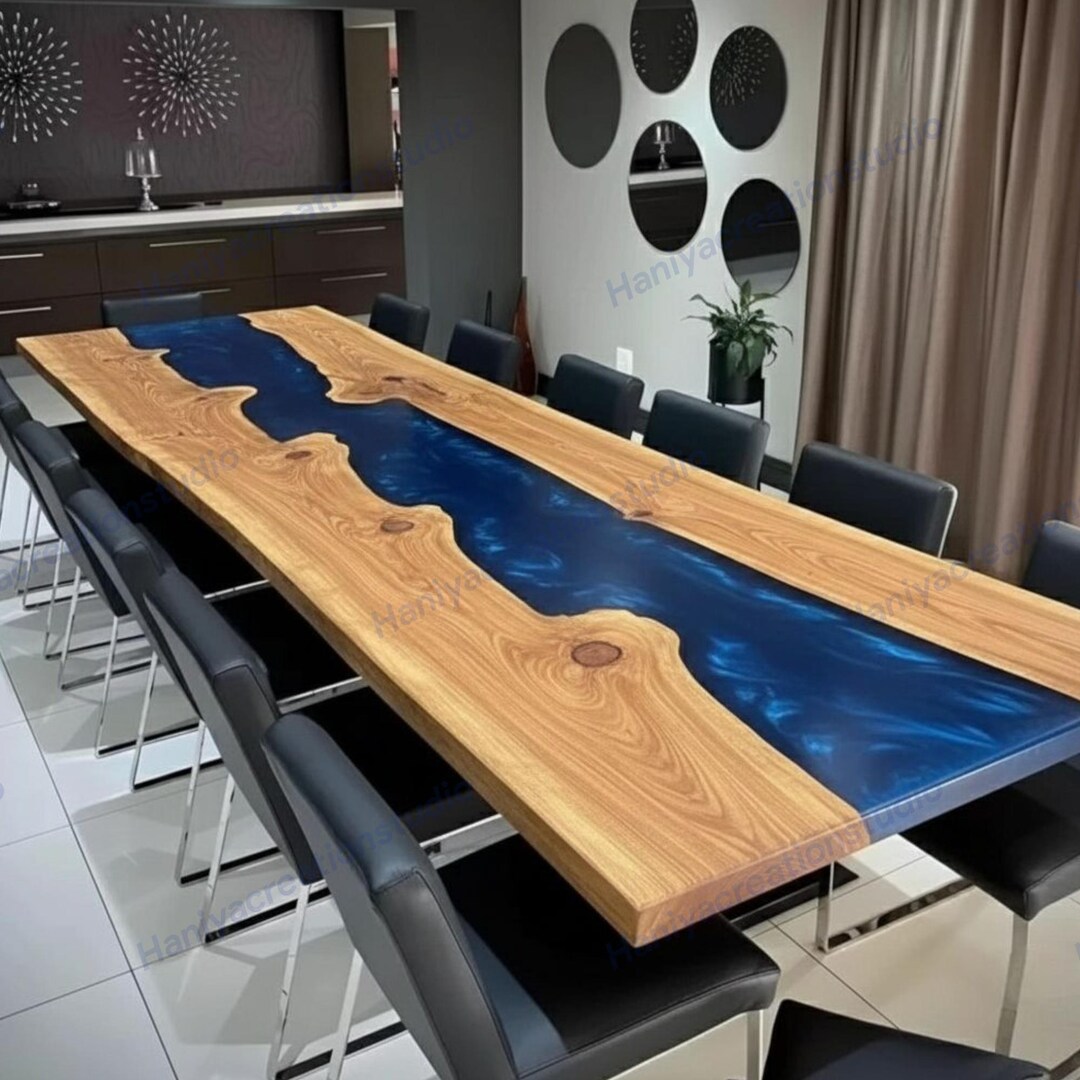 Metallic Blue Epoxy Resin Wood Conference Table – Luxury Office & Large ...