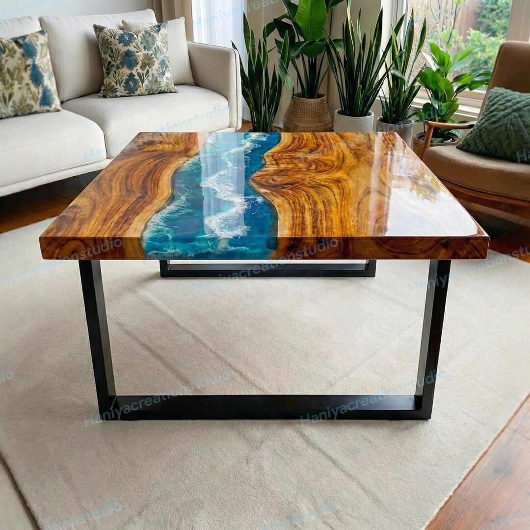 Ocean Blue Epoxy Coffee Table | Custom Square Wood Dining Table - Etsy