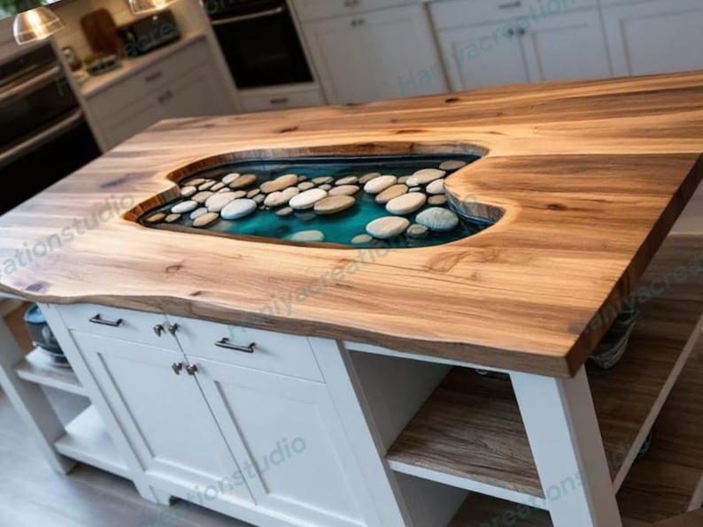 Handmade Epoxy Resin Ocean Flow Kitchen Island Top: Natural Wood ...