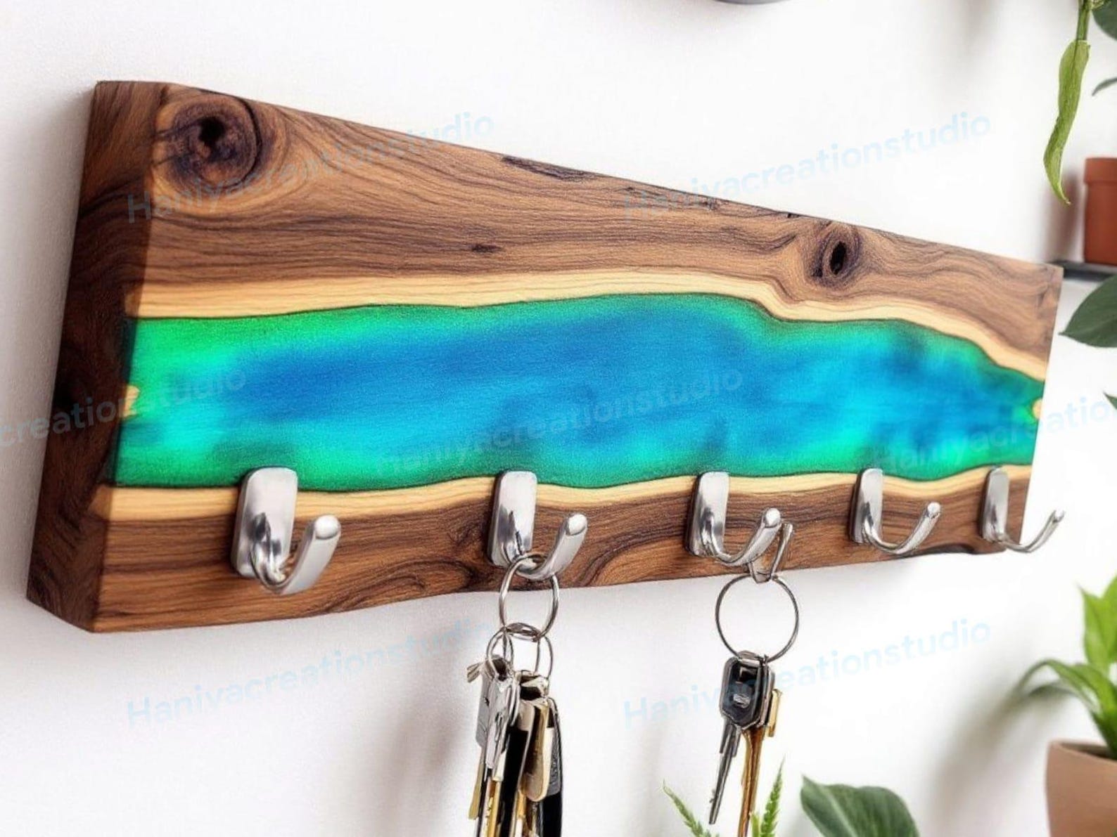 Handmade Teal Blue Epoxy Resin & Natural Wood Key Holder Wall Art Décor ...