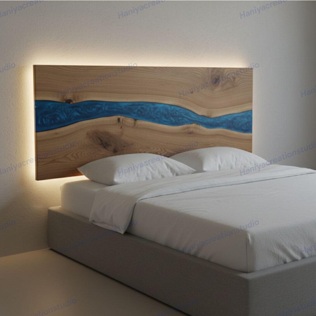 Handcrafted Metallic Blue Epoxy Resin Headboard – Designer Wood Wall ...