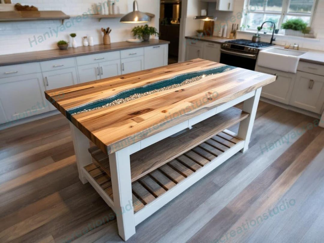 Natural Wood & Resin Riverstone Kitchen Island | Custom Made Live Edge ...