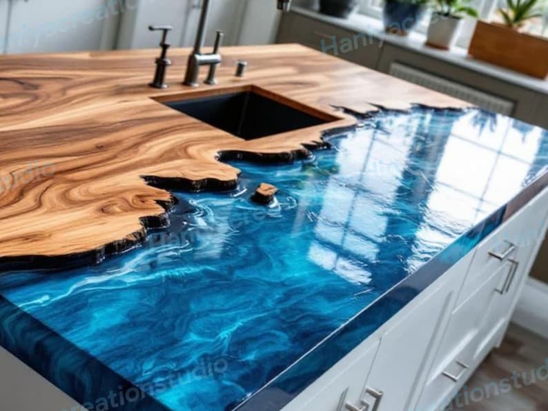 Minimalist Blue Epoxy Resin Kitchen Island Counter: Custom Handmade ...
