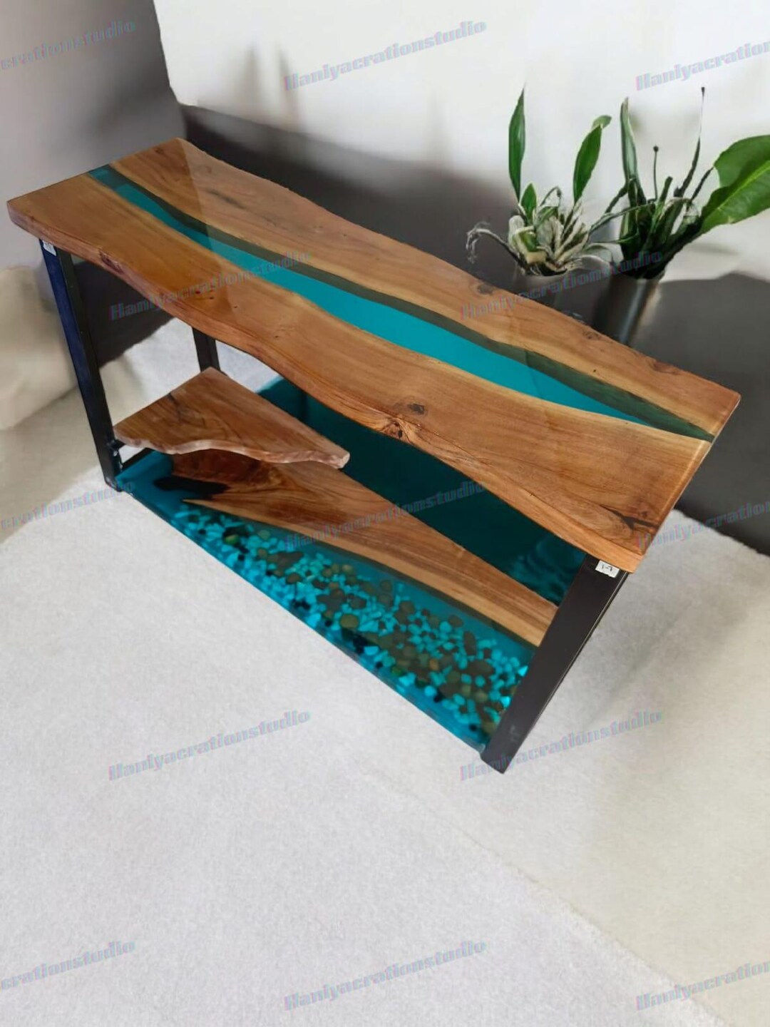 Handmade Aqua Epoxy Console Table: Live Edge Dual Slab Design - Etsy