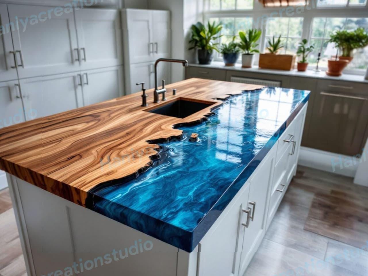 Minimalist Blue Epoxy Resin Kitchen Island Counter: Custom Handmade ...