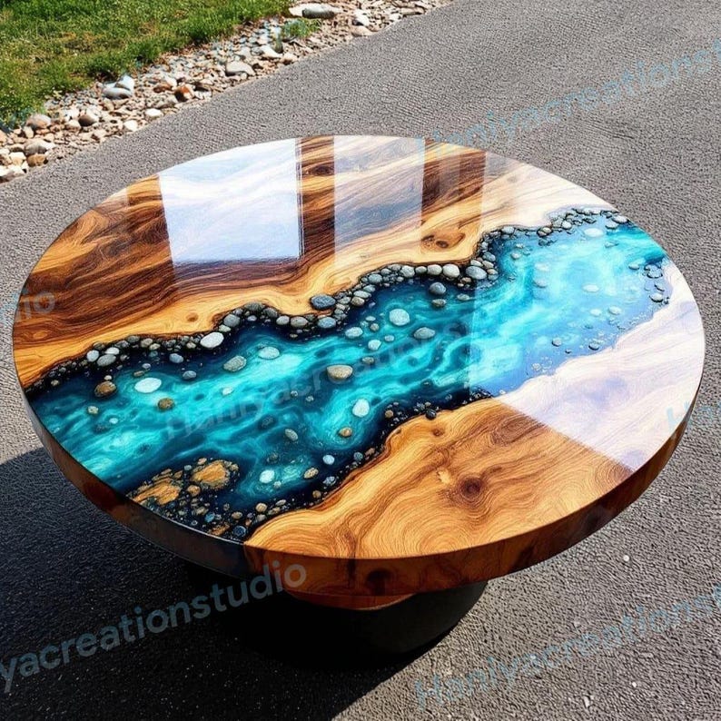 Handmade Teal Epoxy Round Dining Table: River Stone Design - Etsy