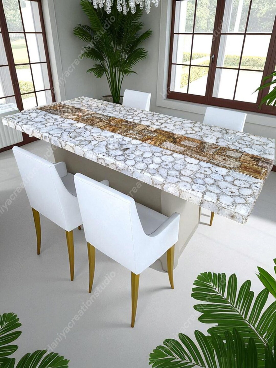White Agate & Petrified Wood Dining Table: Luxury Kitchen Island ...