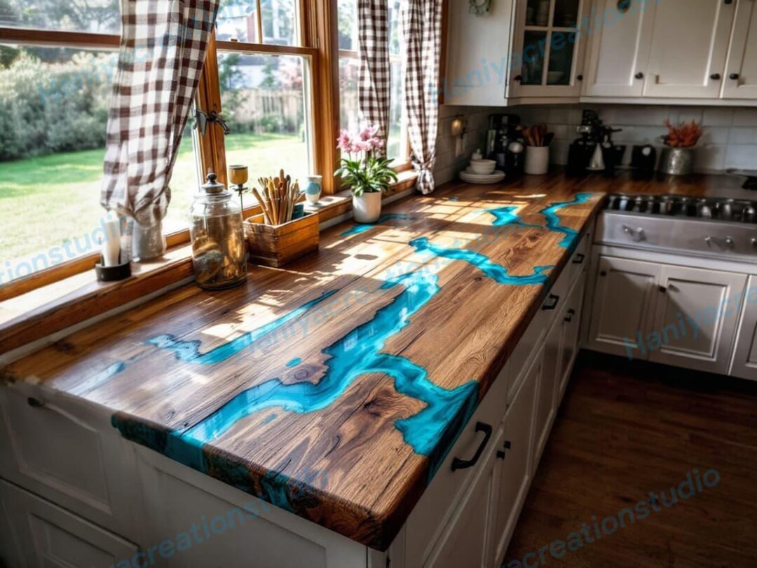 Modern Teal Blue Epoxy Resin Kitchen Island Custom Wood Countertop for ...