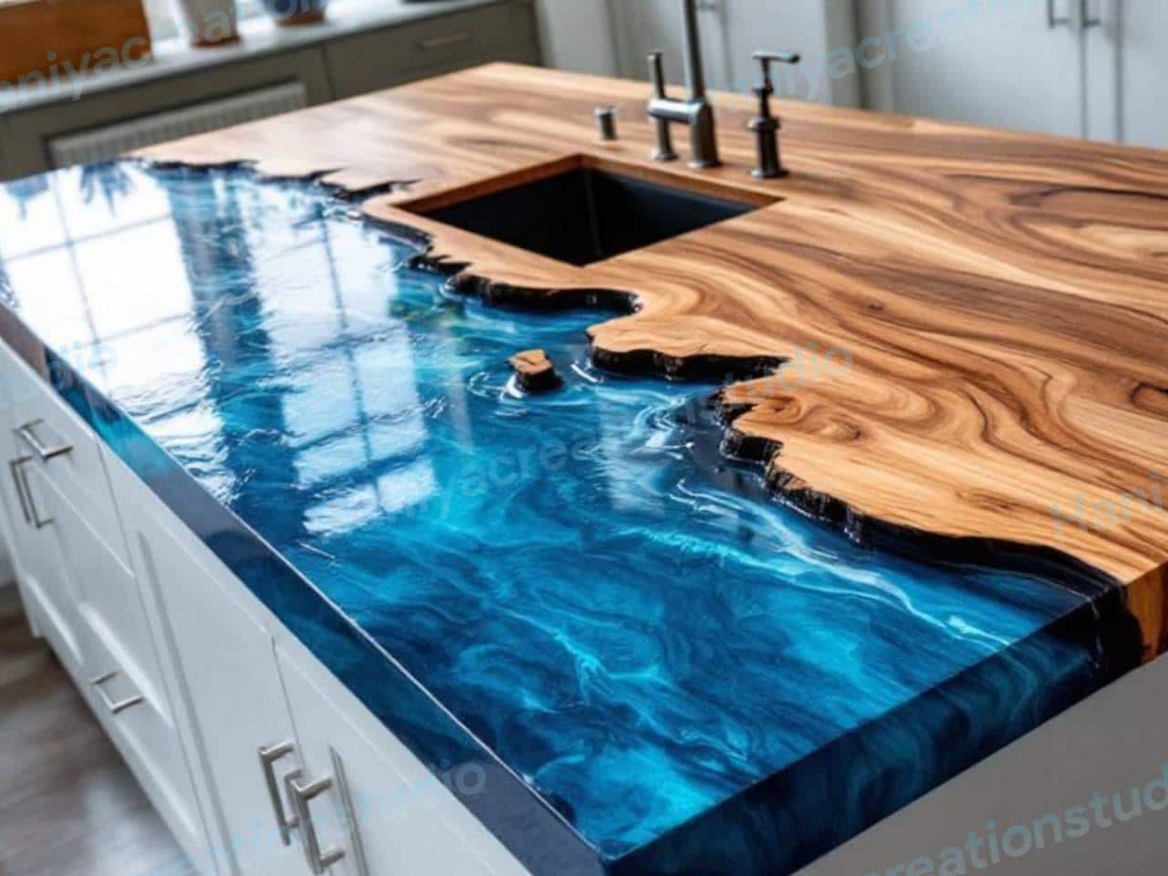 Minimalist Blue Epoxy Resin Kitchen Island Counter: Custom Handmade ...