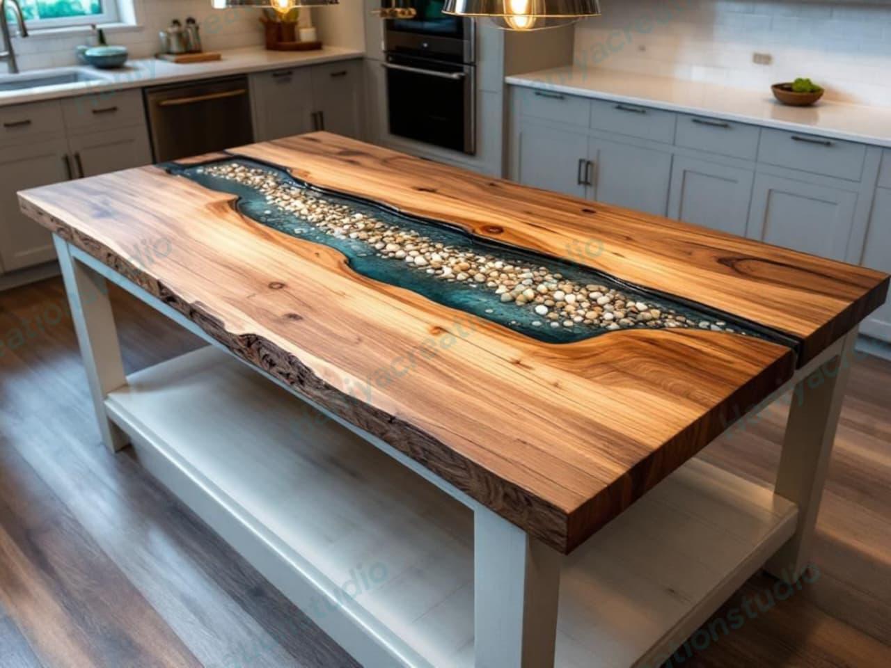 Green Epoxy Resin Kitchen Island Top: Custom Made Pebble Riverstones ...