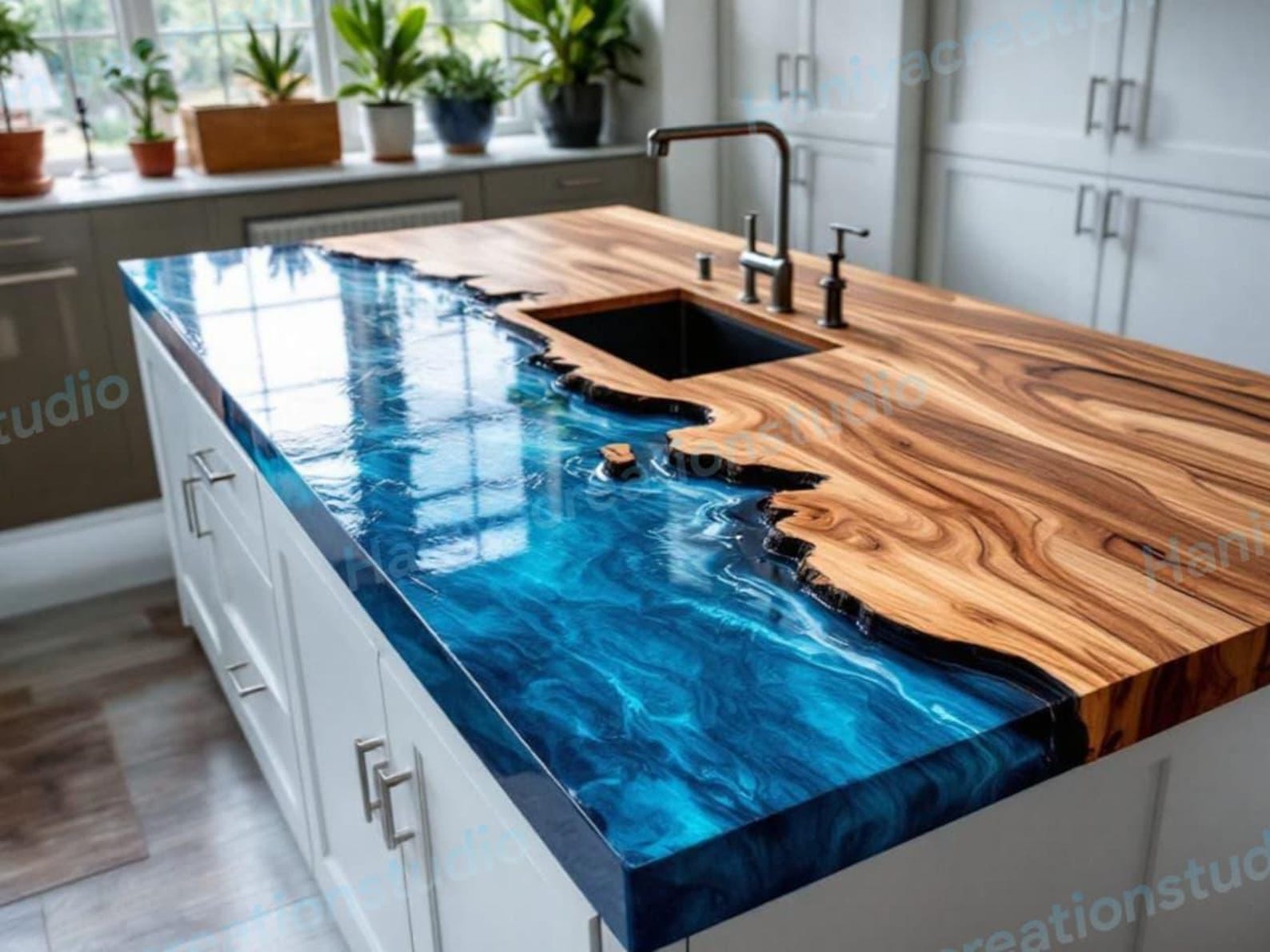 Minimalist Blue Epoxy Resin Kitchen Island Counter: Custom Handmade ...