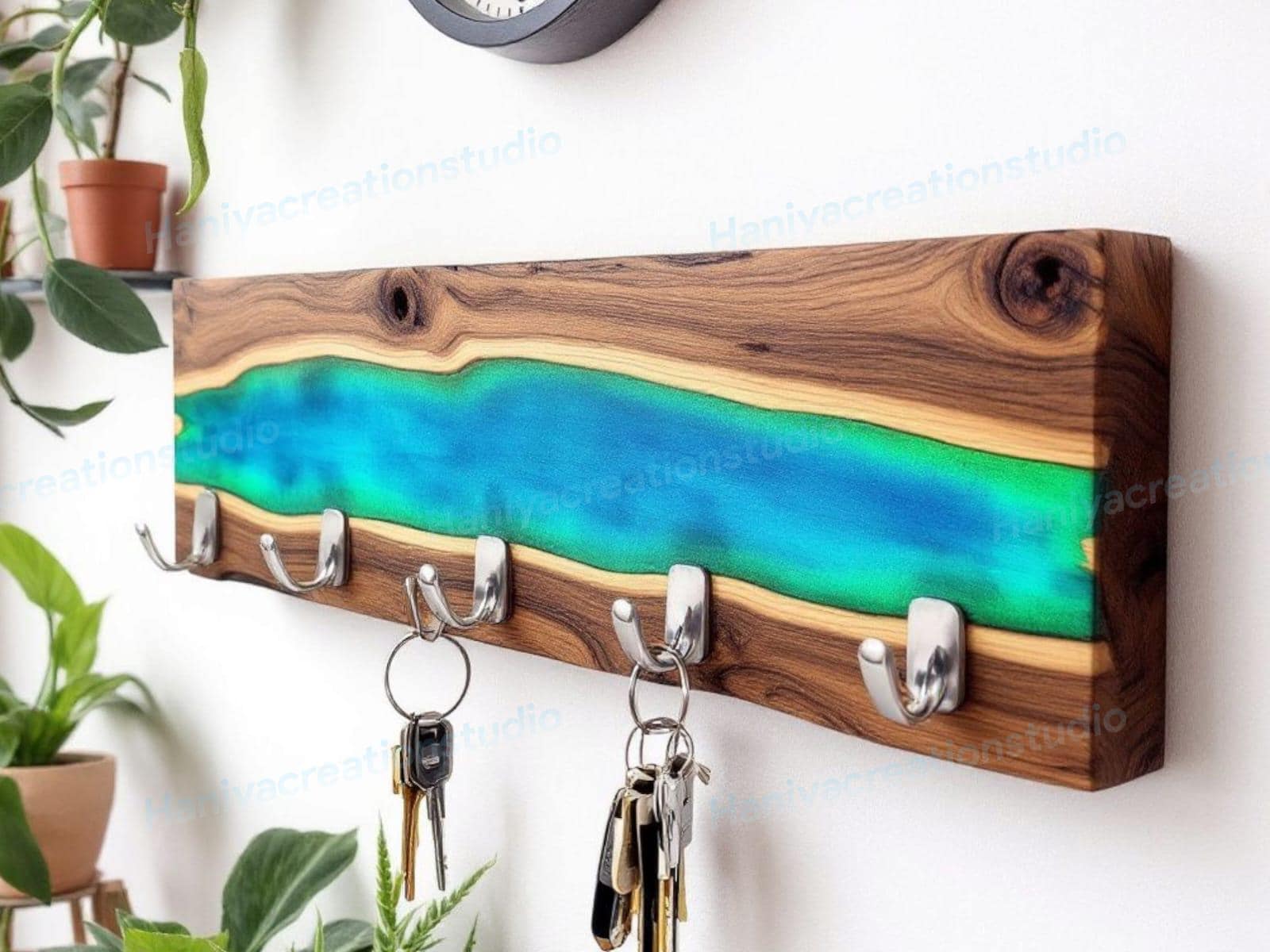 Handmade Teal Blue Epoxy Resin & Natural Wood Key Holder Wall Art Décor ...