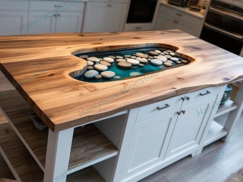 Handmade Epoxy Resin Ocean Flow Kitchen Island Top: Natural Wood ...