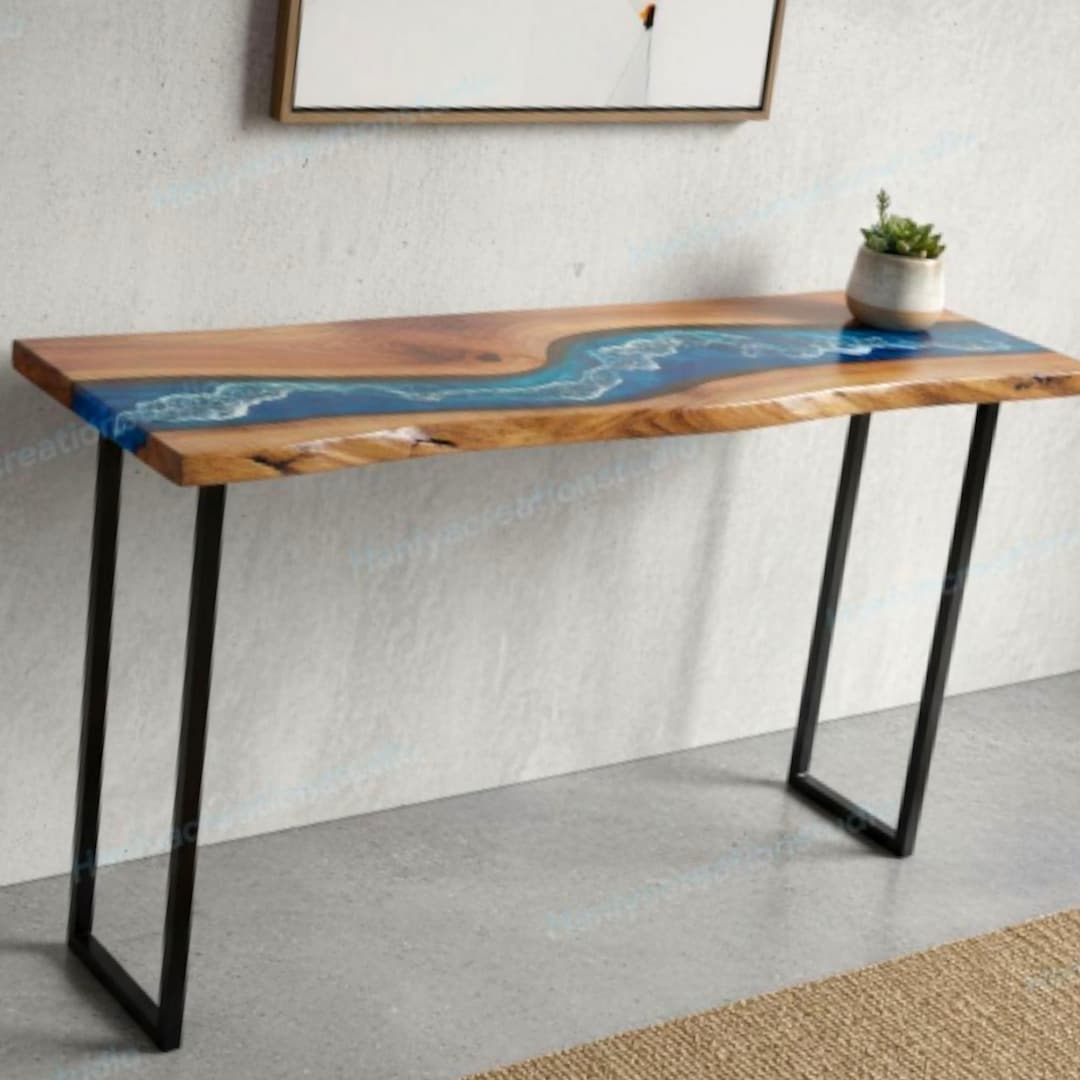 Ocean Blue Epoxy Resin Wood Console Table – Coastal Luxury Entryway ...