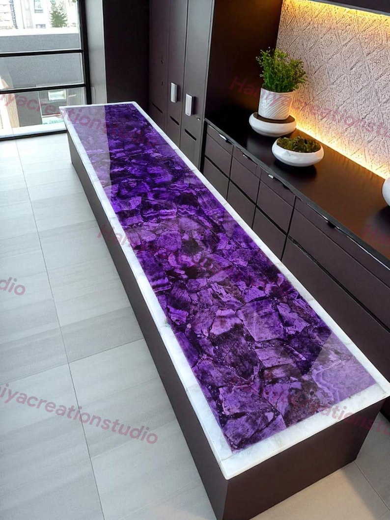 Amethyst & White Quartz Kitchen Countertop: Luxury Natural Stone Slab ...