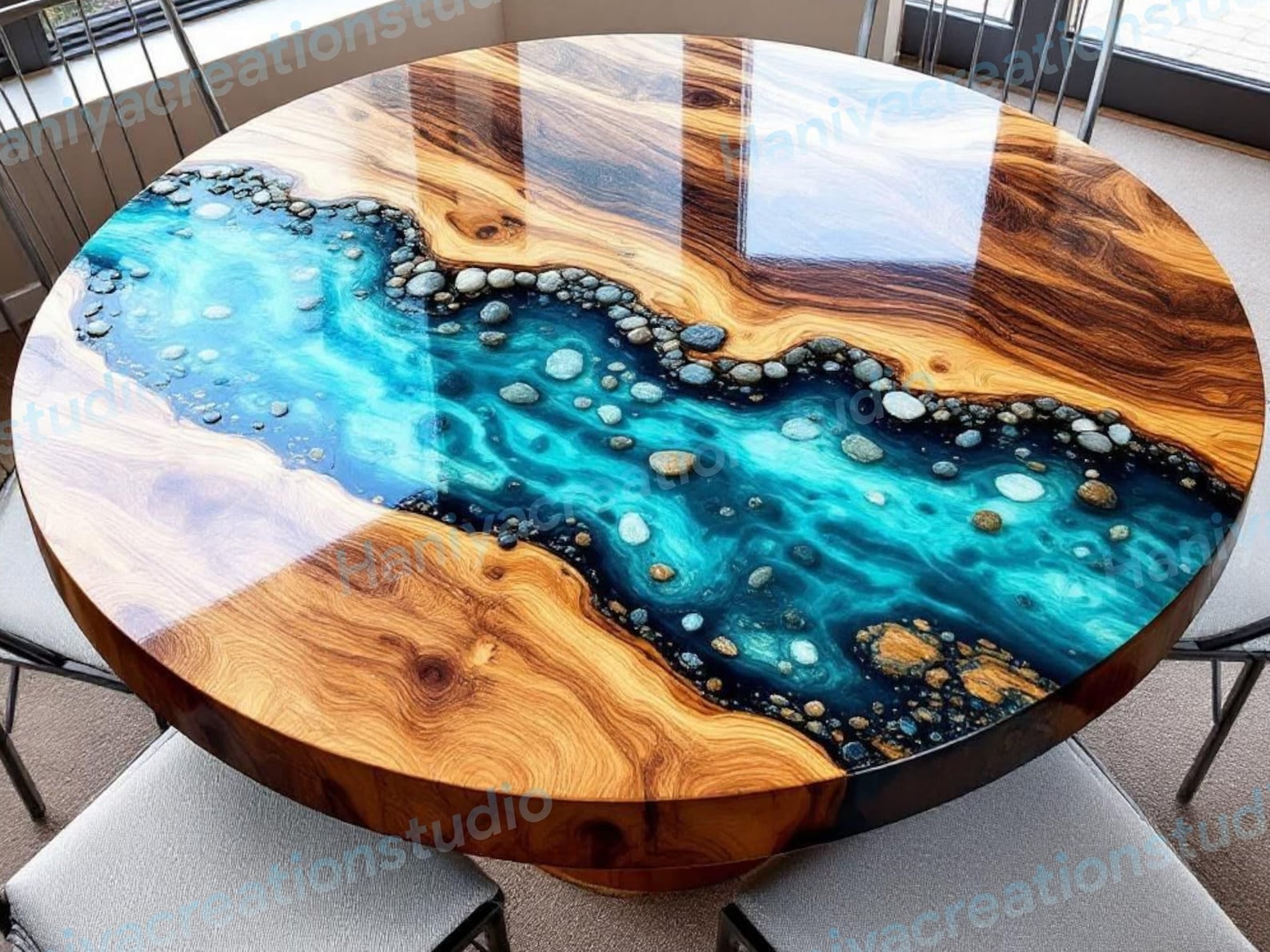 Handmade Teal Epoxy Round Dining Table: River Stone Design - Etsy