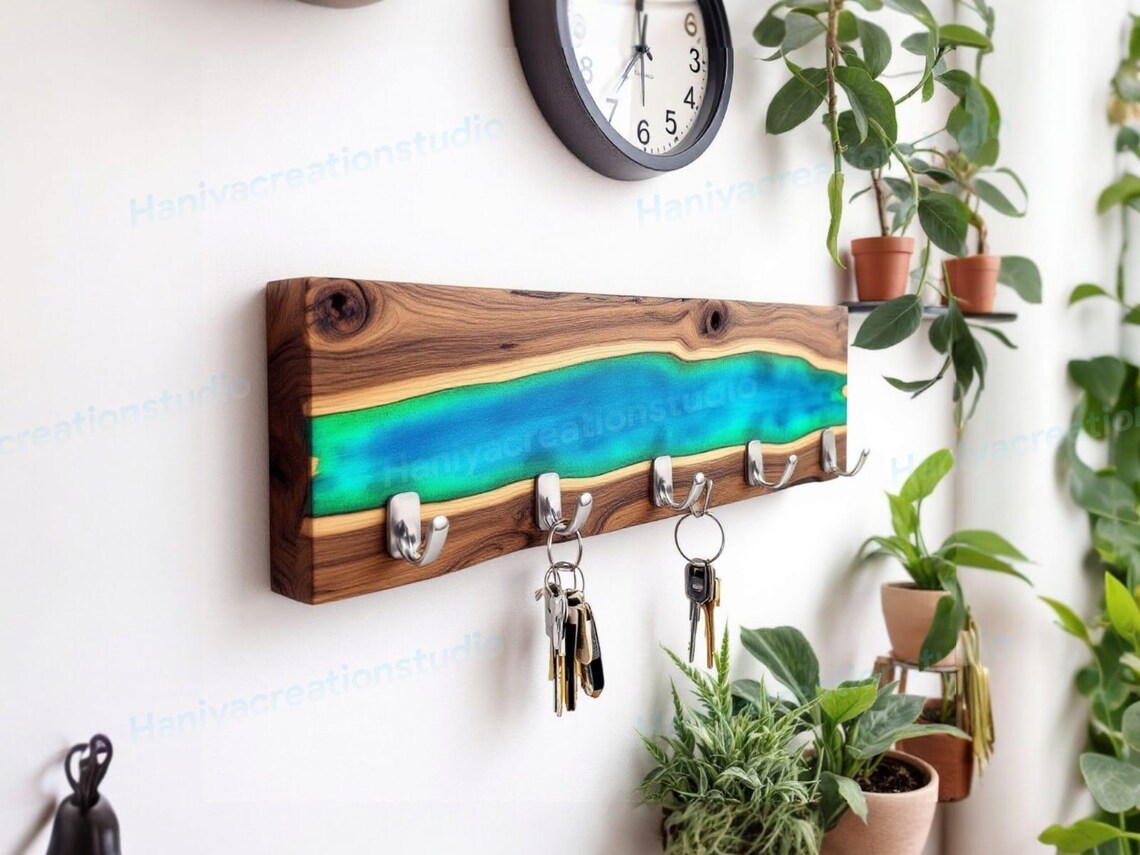 Handmade Teal Blue Epoxy Resin & Natural Wood Key Holder Wall Art Décor ...