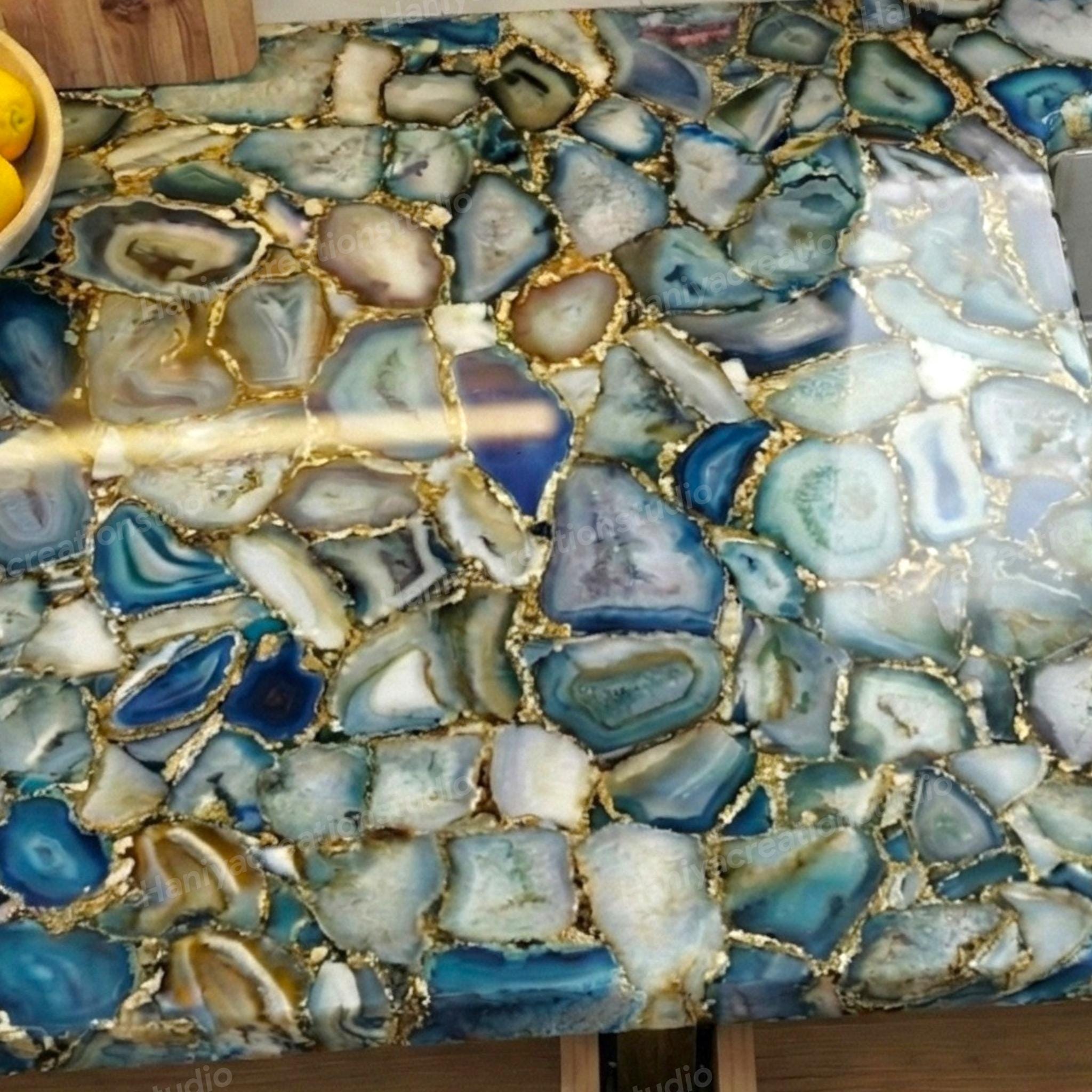 Blue & Grey Agate Island Top, Custom Gemstone Countertop, Handmade ...