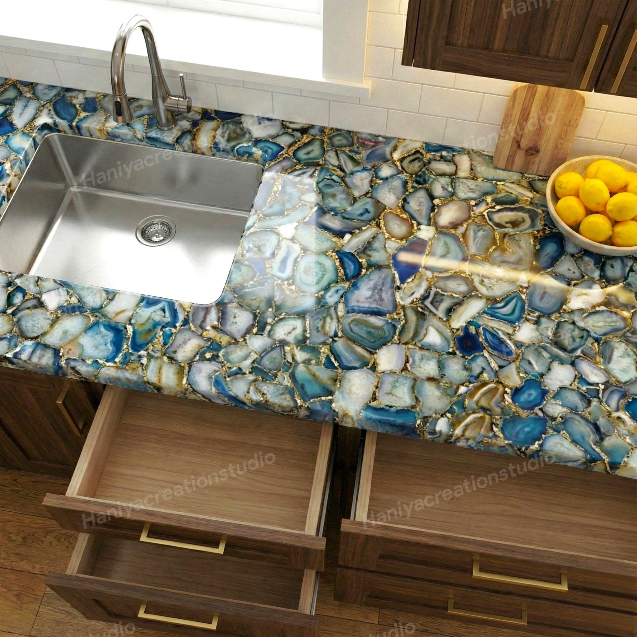Blue & Grey Agate Island Top, Custom Gemstone Countertop, Handmade ...