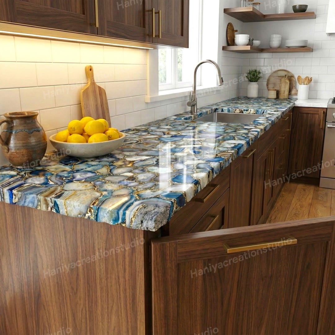 Blue & Grey Agate Island Top, Custom Gemstone Countertop, Handmade ...