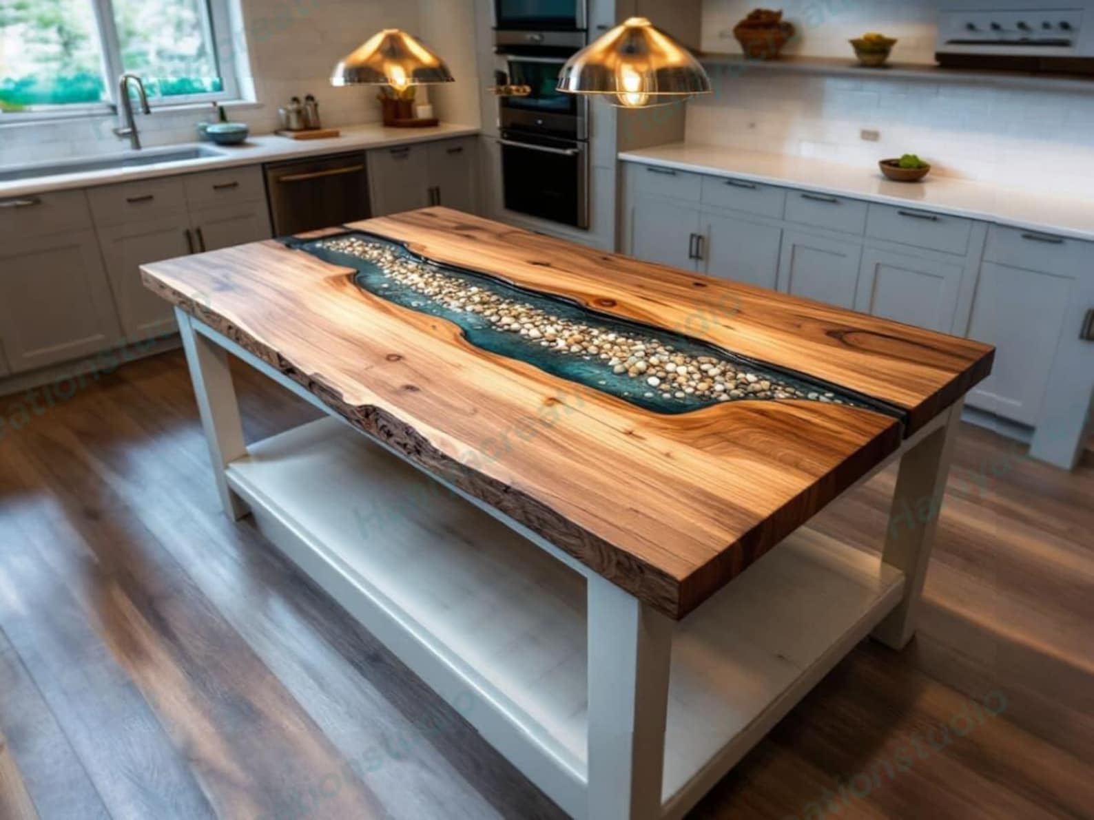 Green Epoxy Resin Kitchen Island Top: Custom Made Pebble Riverstones ...