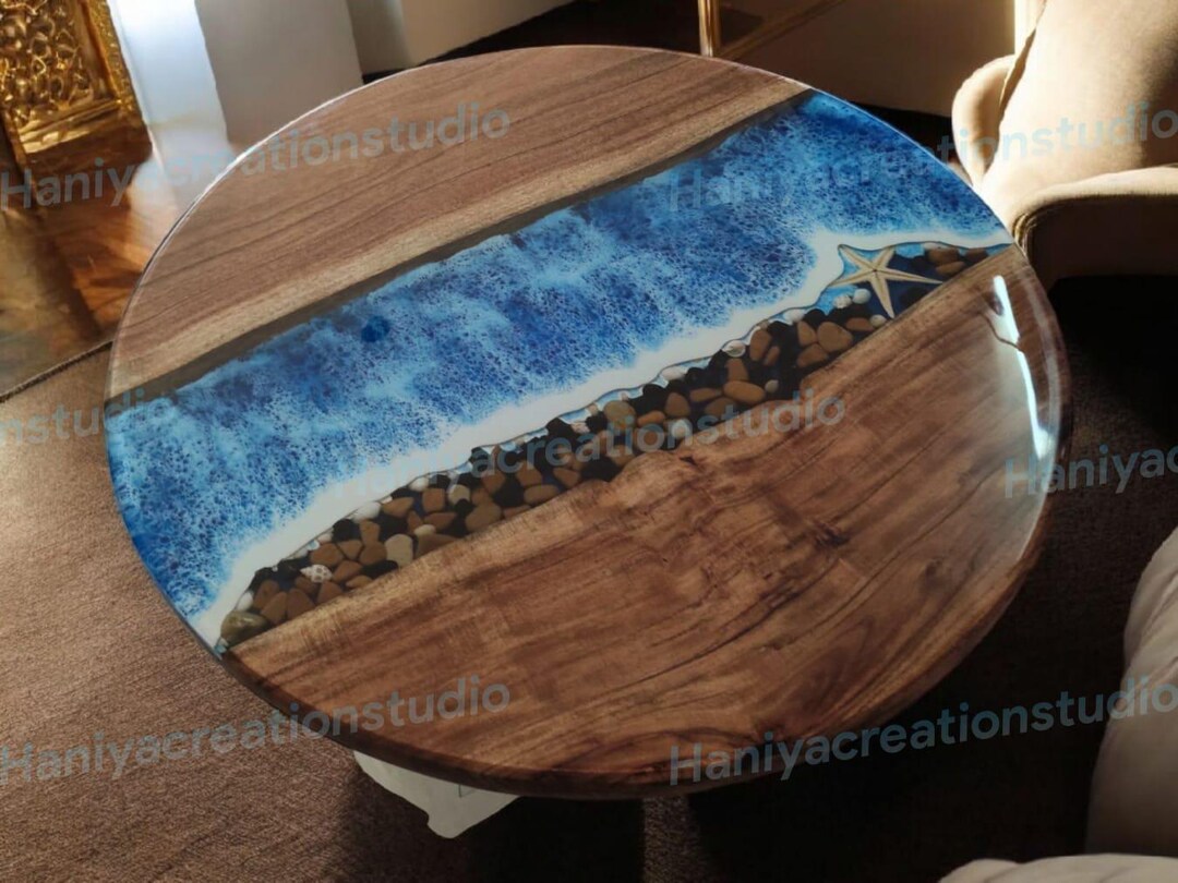 Handcrafted Blue Ocean Epoxy Resin Table With Sea Shells, Round Coffee ...