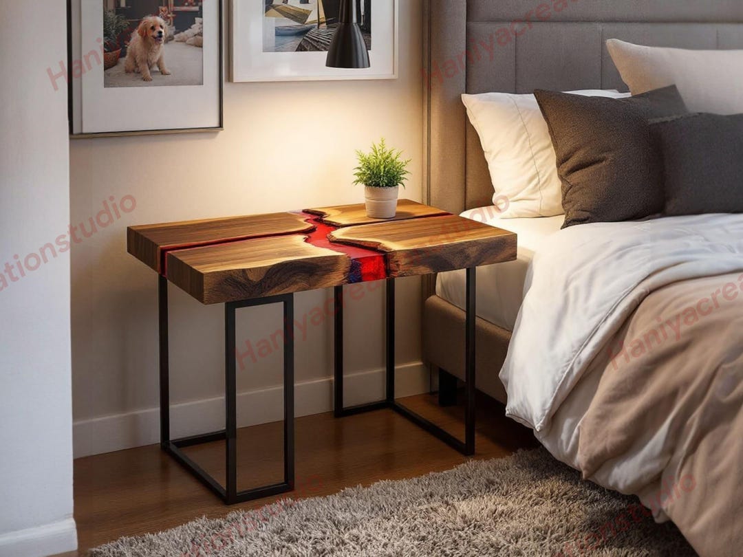 Handmade Wood and Red Epoxy Bedside Table: Modern Resin Nightstand - Etsy