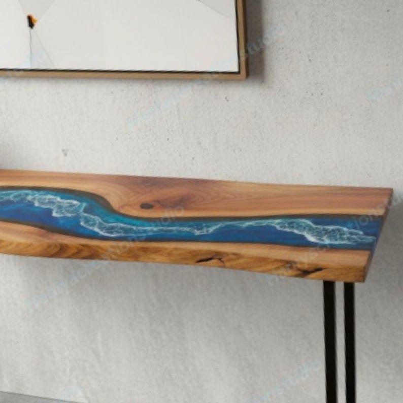 Ocean Blue Epoxy Resin Wood Console Table – Coastal Luxury Entryway ...