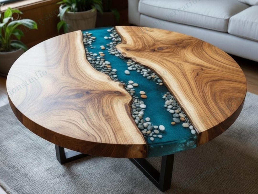 Handmade Teal Epoxy Round Dining Table: River Stone Design - Etsy