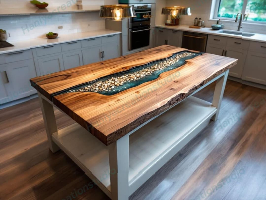 Green Epoxy Resin Kitchen Island Top: Custom Made Pebble Riverstones ...