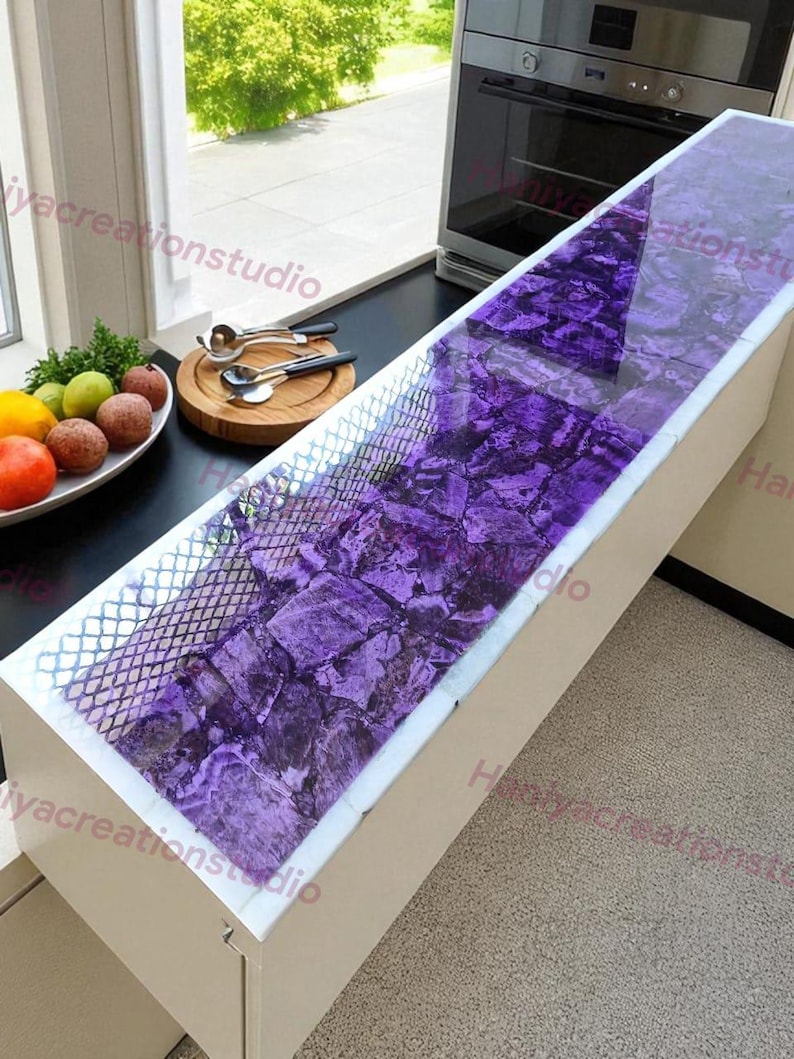 Amethyst & White Quartz Kitchen Countertop: Luxury Natural Stone Slab ...