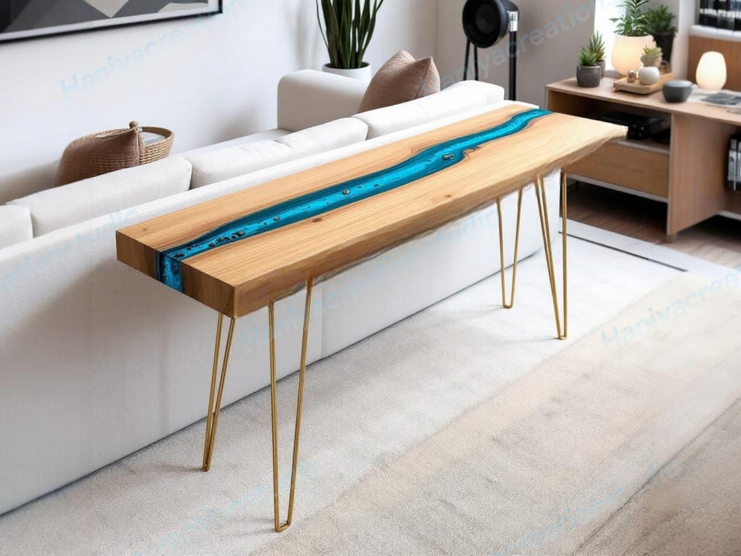 Teal Epoxy & Wood Console Table: Modern Live Edge Accent Table - Etsy